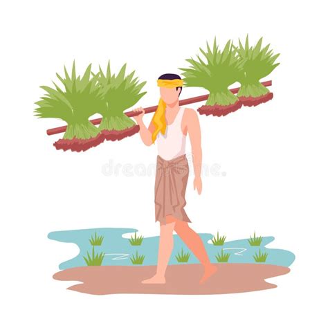 Asian Male Farmer Carrying Agricultural Crops Vector Illustration Stock