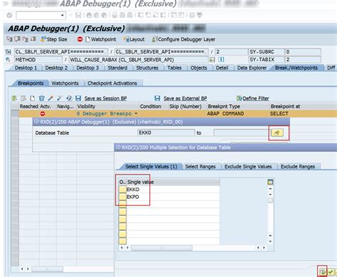sap abap central break point for select statement with table filter
