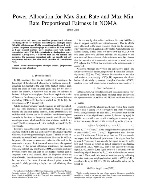 pdf power allocation for max sum rate and max min rate proportional fairness in noma