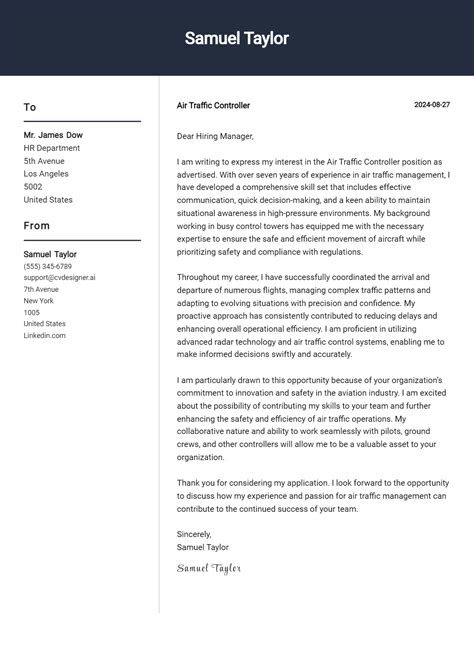 Air Traffic Controller Cover Letter Examples With Writing Tips For