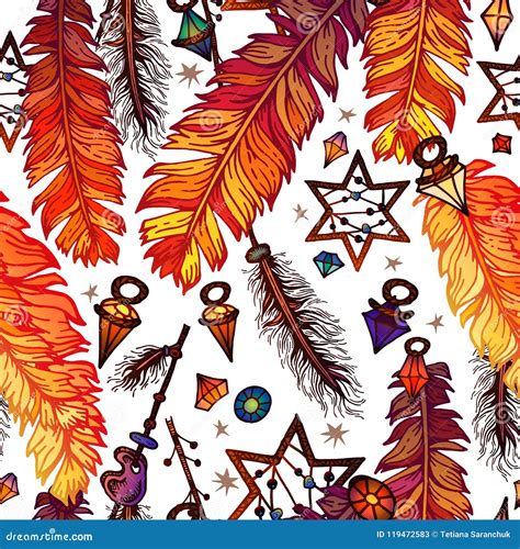 Ethnic Feather Seamless Pattern In Boho Style Stock Vector