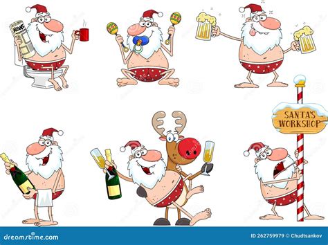 Drunk Naked Santa Claus And Reindeer Cartoon Characters Vector Hand