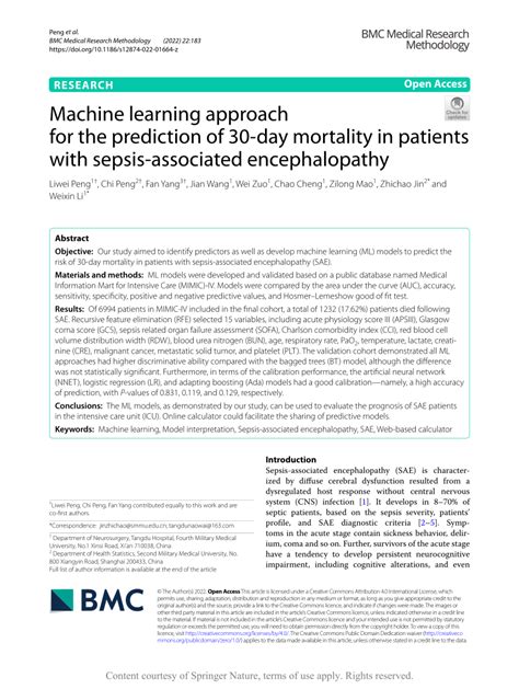 pdf machine learning approach for the prediction of 30 day mortality in patients with sepsis