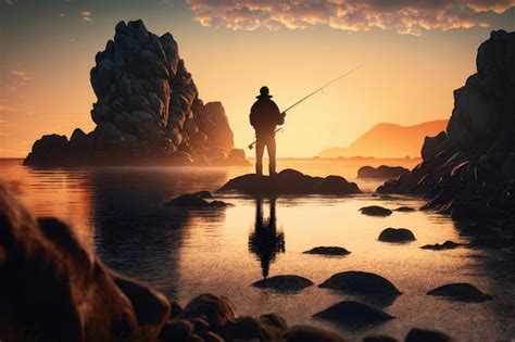 O Pescador Masculino Mant M A Silhueta Da Vara De Pescar Do Homem No