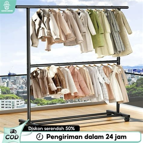Jual Rak Gantungan Baju 2 Susun Stand Hanger Besi Gawang Baju Portable