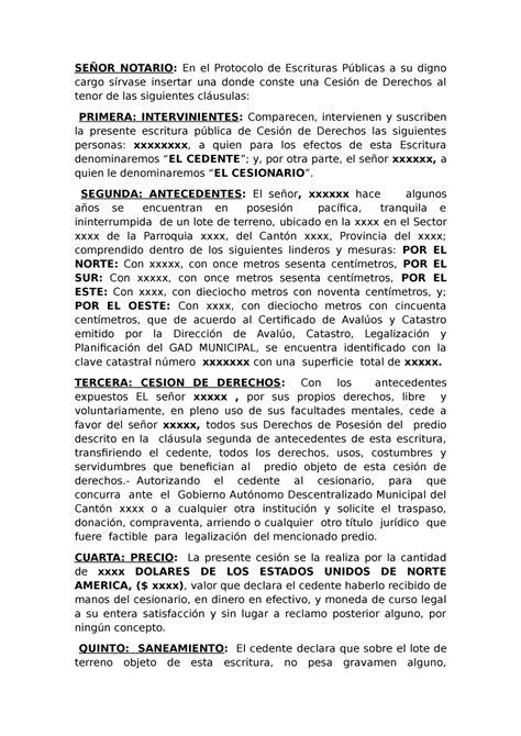 Minuta Cesion de Derechos Posesorios SEÑOR NOTARIO En el Protocolo