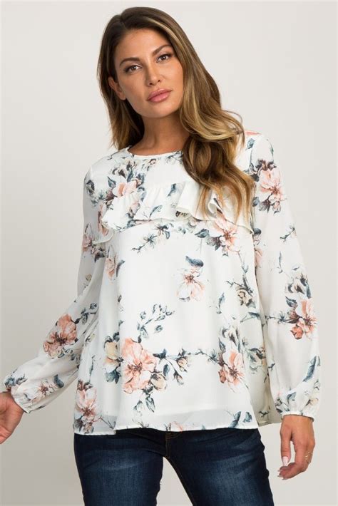 Ivory Floral Chiffon Ruffle Trim Maternity Blouse Floral Chiffon