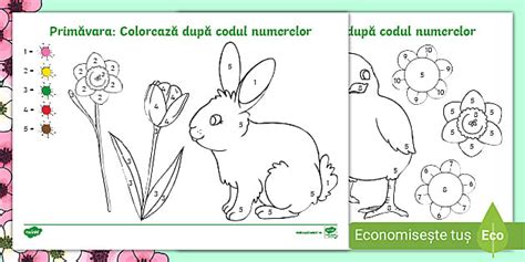 Primăvara Colorează după codul numerelor Pagini de colorat