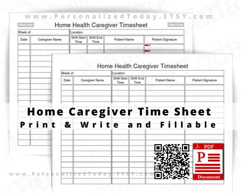 Home Health Caregiver Timesheet Fillable And Print And Write Etsy