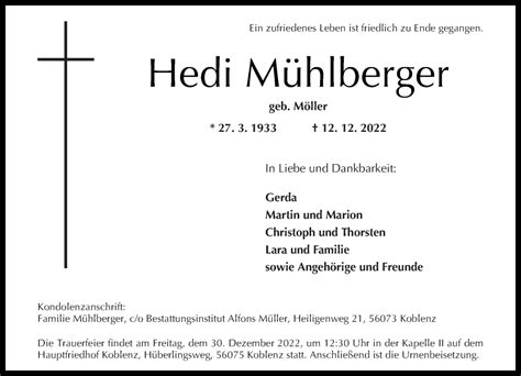 Traueranzeigen von Hedi Mühlberger rz trauer de