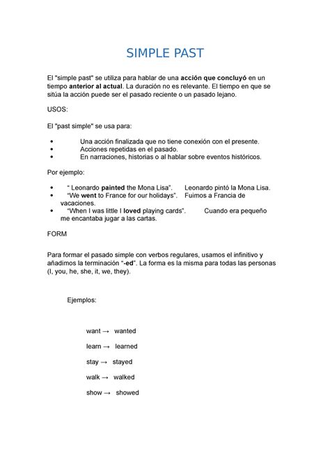 Simple PAST Summary Ingles SIMPLE PAST El Se Utiliza Para Hablar De