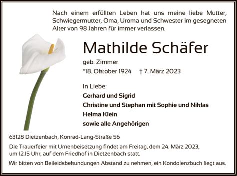 Traueranzeigen von Mathilde Schäfer trauer op online de