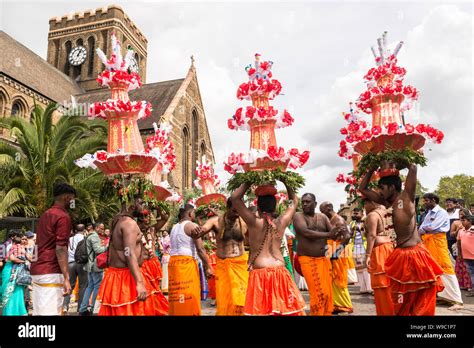 Bare Chested Men Dancing During The Tamil Chariot Festival An Annual Hindu Festivity Which