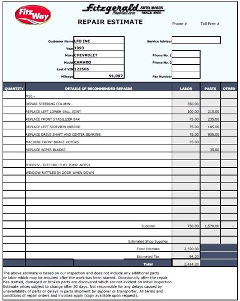 Free Sample Auto Repair Estimate Templates Printable Samples
