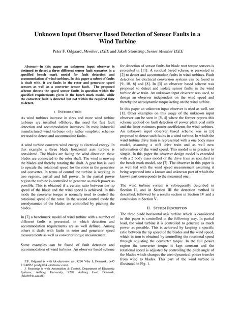 pdf unknown input observer based detection of sensor faults in a wind turbine