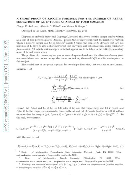 a short proof of jacobi s formula for the number of representations of an integer as a sum of