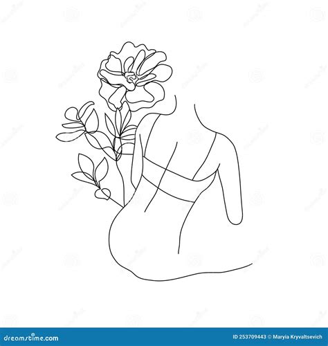 Vector Abstract Female Figure Woman Body Illustration Line Art Print Flowers And Leaves