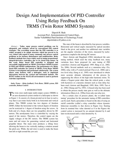 pdf design and implementation of pid controller using relay feedback on trms twin rotor mimo