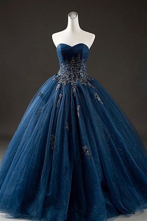 Elegant Navy Blue Tulle Sweetheart Neck Long Formal Prom Dress With