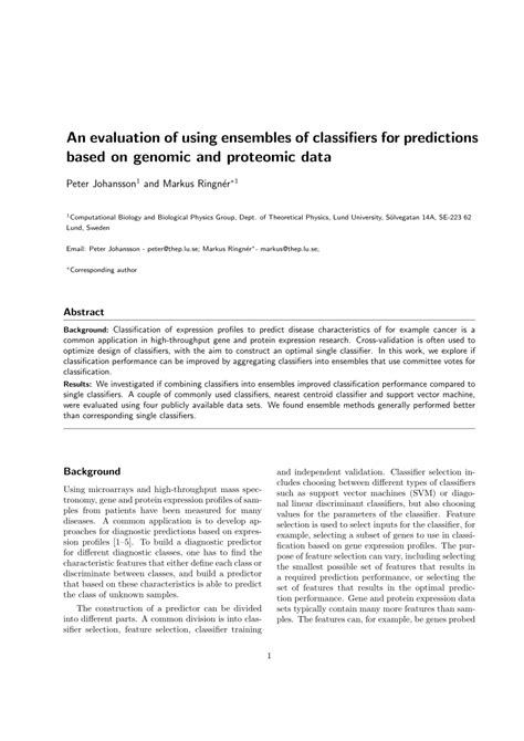 pdf an evaluation of using ensembles of classifiers for predictions based on genomic and