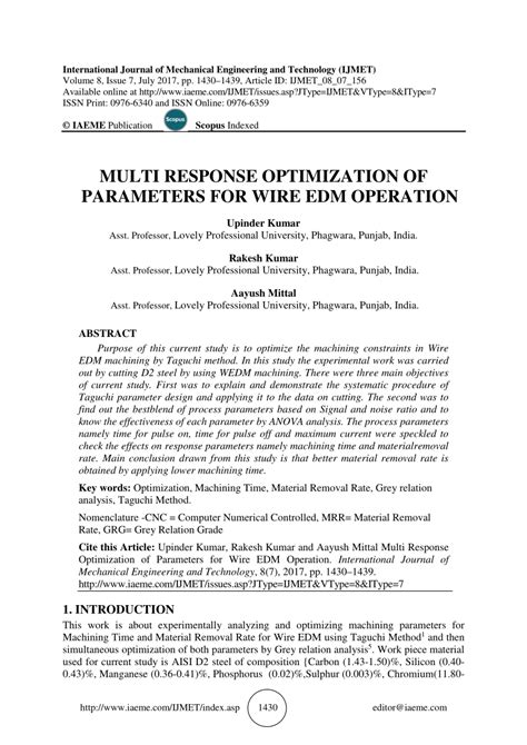 pdf multi response optimization of parameters for wire edm operation