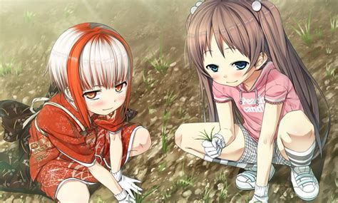 Safebooru 2girls Blue Eyes Blush Brown Hair Cura Flat Company Gloves Looking At Viewer