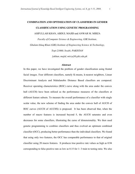 pdf combination and optimization of classifiers in gender classification using genetic programming