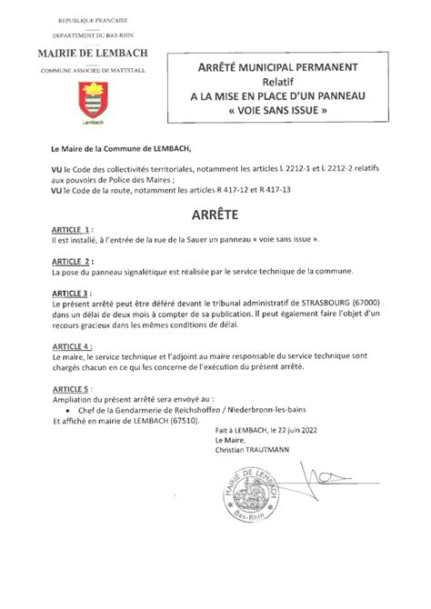 Arrêtés municipaux permanents mise en place de panneaux Commune de