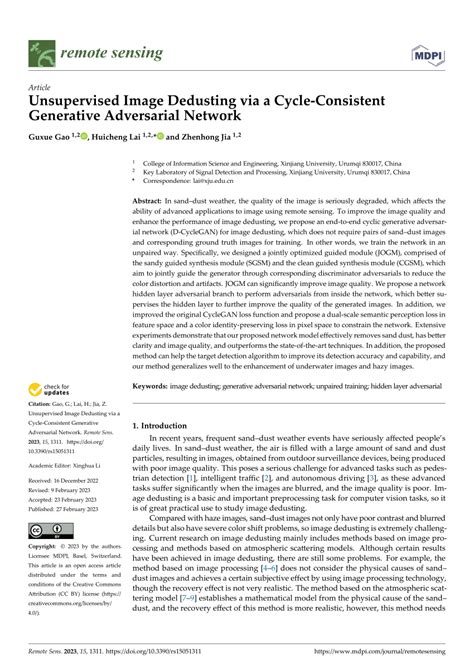 pdf unsupervised image dedusting via a cycle consistent generative adversarial network