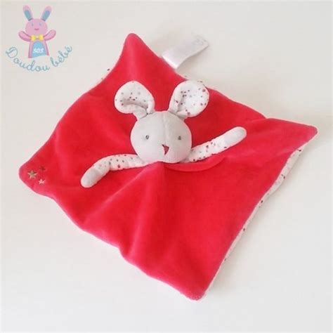 Doudou plat Lapin rouge gris blanc étoiles OBAIBI
