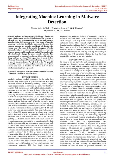 pdf ijert integrating machine learning in malware detection ijert journal