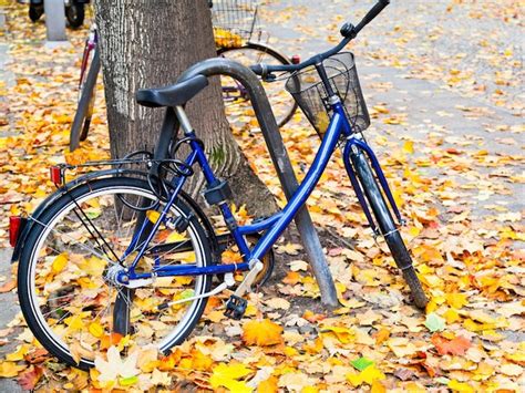 Premium Photo Bicycle Parked On Street With Fallen Leaves