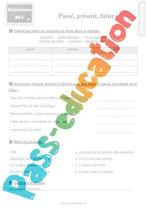 Le passé présent futur Ce1 Exercices révisions PDF à imprimer