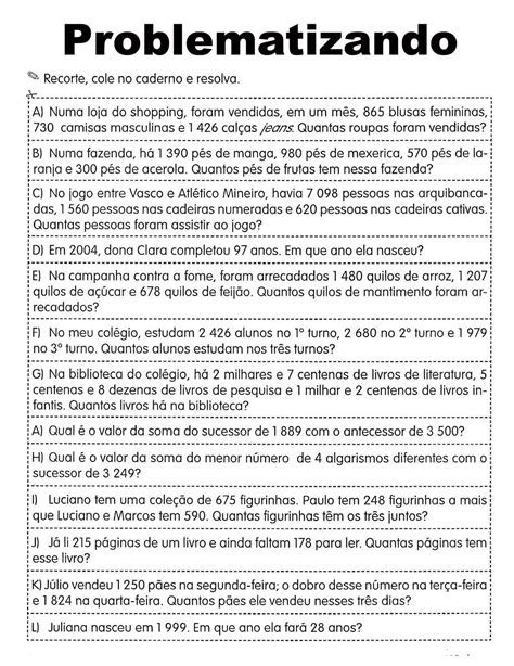 Situações problemas para trabalhar 4º ano Querida Professora