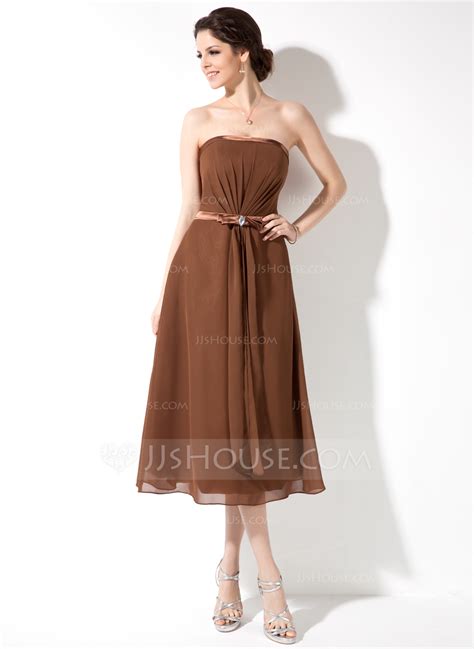 A Line Princess Strapless Tea Length Chiffon Bridesmaid Dress With