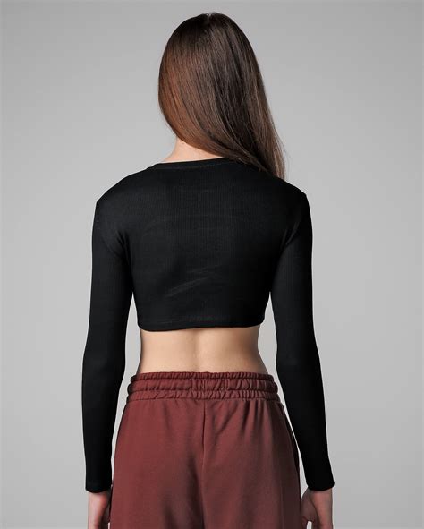 Riachuelo Blusa Cropped Manga Longa Canelada Preto Approve Para Riachuelo