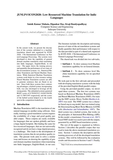 pdf junlp icon2020 low resourced machine translation for indic languages