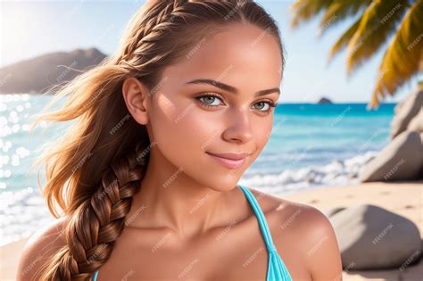 Premium Ai Image Portrait Of A Beautiful Woman In A Bikini On The Ocean Against The Backdrop