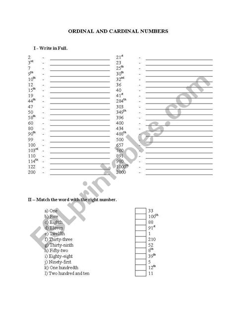 English Worksheets Ordinal And Cardinal Numbers