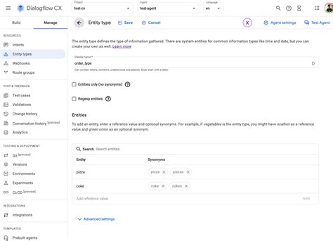 Dialogflow CX Entity Types
