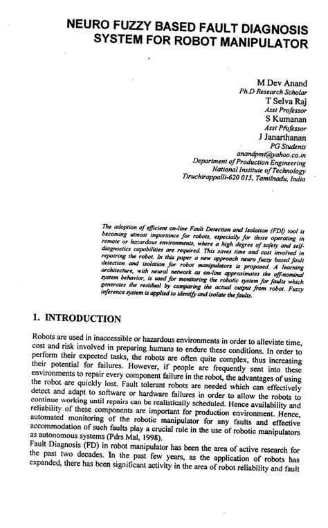 pdf neuro fuzzy based fault diagnosis system for robot manipulator