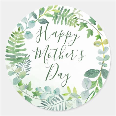 Watercolor Greenery Happy Mothers Day Classic Round Sticker Zazzle