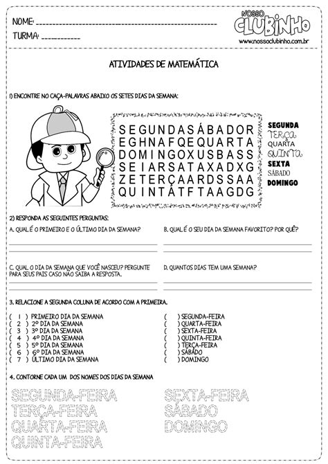 Atividades para alfabetização Dias da semana Nosso Clubinho