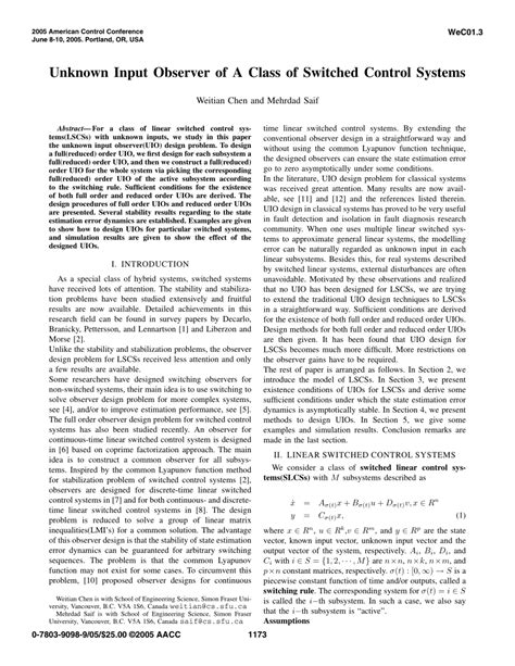pdf unknown input observer of a class of switched control systems