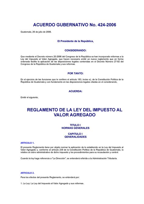 Reglamento Ley Del Iva ACUERDO GUBERNATIVO No 424 Guatemala 26 De