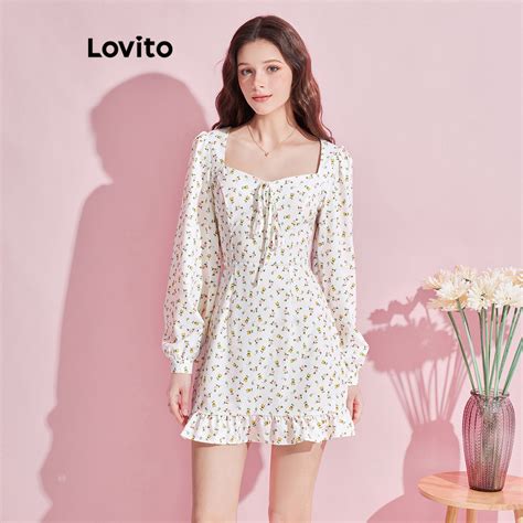 Lovito Elegante Vestido Amarra O E Babado Na Barra Para Mulheres