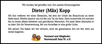 Traueranzeigen von Dieter Mäx Kopp Schwarzwälder Bote Trauer
