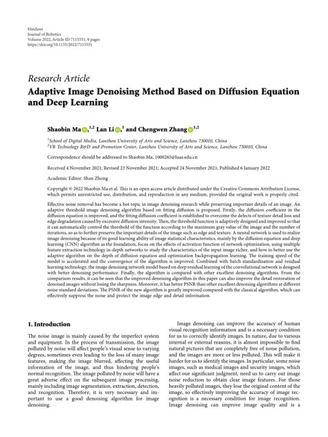 pdf adaptive image denoising method based on diffusion equation and deep learning
