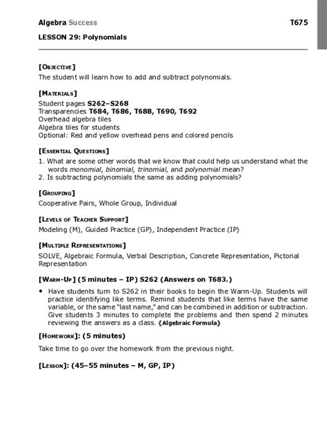 fillable online algebra 1 lesson 29 how to add and subtract polynomials fax email print pdffiller