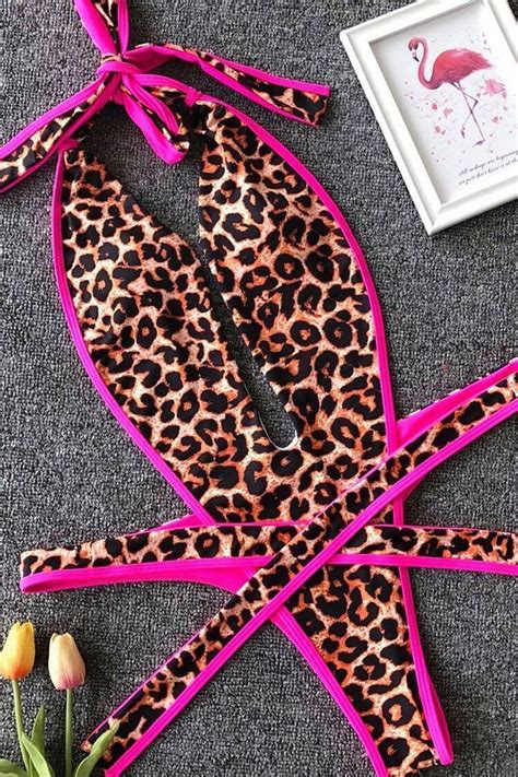 One Piece Leopard High Leg Deep V Neck Halter Swimsuit SO411 ShopperBoard